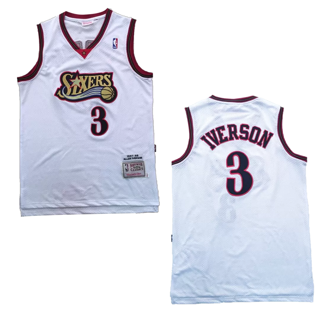 Men's Philadelphia 76ers Iverson #3 White Hardwood Classics Jersey 1997 ...